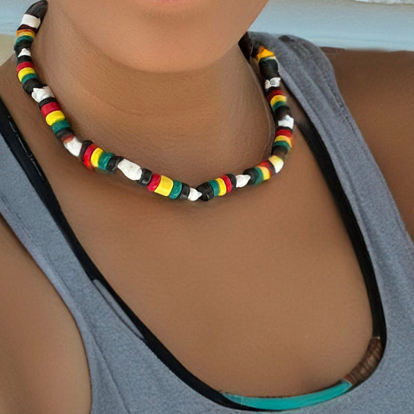 Rasta White Nasa Shell w/Rasta Coco Beads Reggae Necklace Marley Regga ...